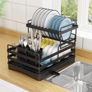 t & b home large dish drying rack – two tier kitchen counter dish rack with drainboard, includes swivel spout and utensil holder, space saving large dish drainer, black