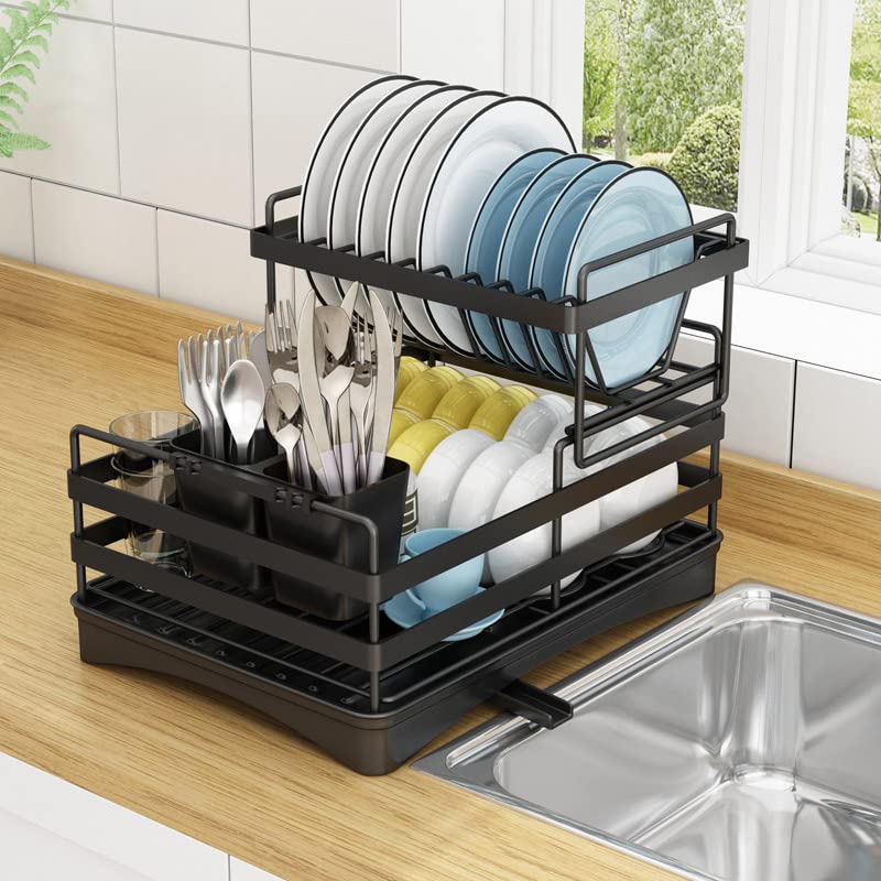 T & B Home Large Dish Drying Rack - Two Tier Kitchen Counter Dish Rack with Drainboard, Includes Swivel Spout and Utensil Holder, Space Saving Large Dish Drainer, Black