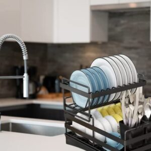 T & B Home Large Dish Drying Rack - Two Tier Kitchen Counter Dish Rack with Drainboard, Includes Swivel Spout and Utensil Holder, Space Saving Large Dish Drainer, Black