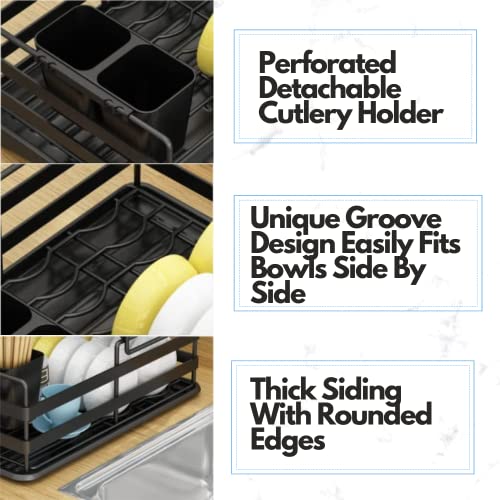 T & B Home Large Dish Drying Rack - Two Tier Kitchen Counter Dish Rack with Drainboard, Includes Swivel Spout and Utensil Holder, Space Saving Large Dish Drainer, Black