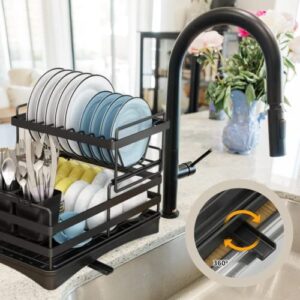 T & B Home Large Dish Drying Rack - Two Tier Kitchen Counter Dish Rack with Drainboard, Includes Swivel Spout and Utensil Holder, Space Saving Large Dish Drainer, Black