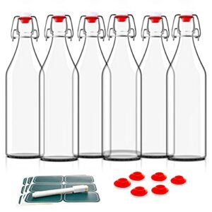 otis classic swing top glass bottles – set of 6, 16oz w/ marker & labels – clear bottle with caps for juice, water, kombucha, wine, beer brewing, kefir milk or eggnog