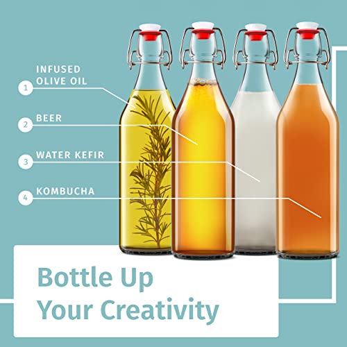 Otis Classic Swing Top Glass Bottles - Set of 6, 16oz w/ Marker & Labels - Clear Bottle with Caps for Juice, Water, Kombucha, Wine, Beer Brewing, Kefir Milk or Eggnog