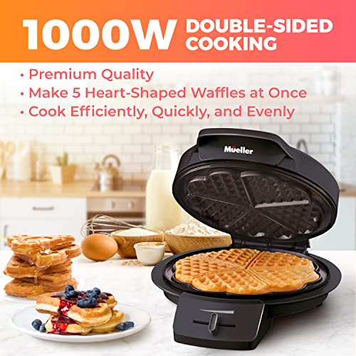 Mueller Heart Waffle Maker, 5 Belgian Waffle Iron, Adjustable Browning Control, Cool Touch Handle, Compact and Easy to Clean, Great Valentines Day Gift