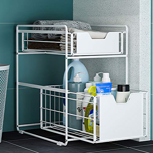 Under Sink Cabinet Organizer 2 Tier Sliding Cabinet Basket with Storage Drawer,Desktop Organizer for Kitchen Countertop Pantry Bathroom,White