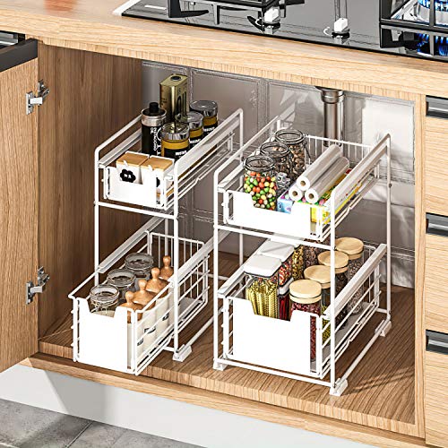 Under Sink Cabinet Organizer 2 Tier Sliding Cabinet Basket with Storage Drawer,Desktop Organizer for Kitchen Countertop Pantry Bathroom,White