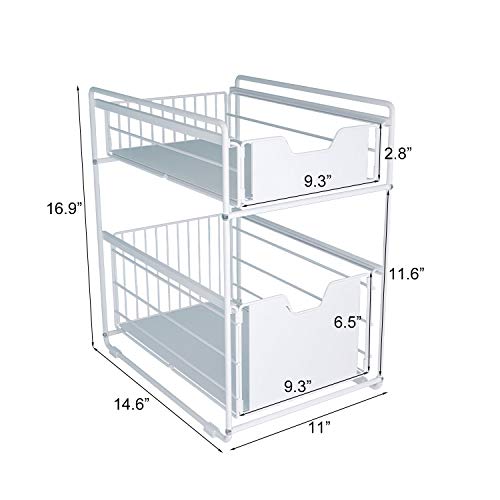 Under Sink Cabinet Organizer 2 Tier Sliding Cabinet Basket with Storage Drawer,Desktop Organizer for Kitchen Countertop Pantry Bathroom,White