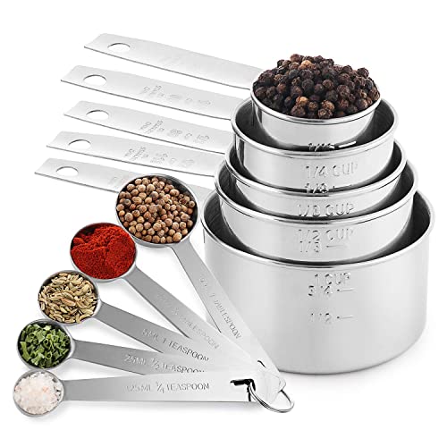 Stainless Steel Measuring Cups And Measuring Spoons 10-Piece Set, 5 Cups And 5 Spoons