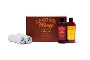 leather honey complete leather care kit including leather conditioner (8 oz), leather cleaner (8 oz) and two applicator cloths for use on leather apparel, furniture, auto interiors, shoes, bags