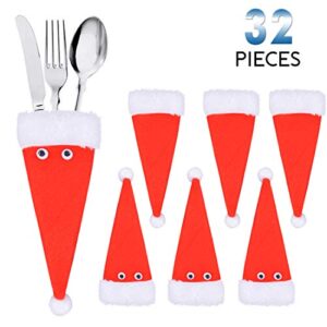 Puimentiua 32pcs Christmas Santa Claus Hat Knife and Fork Silverware Holder Pockets Candy Cover for Christmas Party Decoration