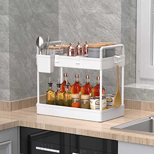 SOLEJAZZ Under Sink Organizer and Storage, 2 Tier Under Cabinet Basket Organizer, Multi-purpose Under Sink Storage Shelf for Bathroom Kitchen, Cabinet Storage with Hooks and Hanging Cups, White,3 Pack