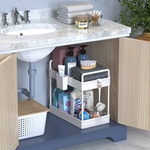 SOLEJAZZ Under Sink Organizer and Storage, 2 Tier Under Cabinet Basket Organizer, Multi-purpose Under Sink Storage Shelf for Bathroom Kitchen, Cabinet Storage with Hooks and Hanging Cups, White,3 Pack