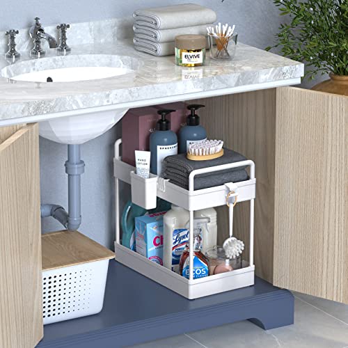 SOLEJAZZ Under Sink Organizer and Storage, 2 Tier Under Cabinet Basket Organizer, Multi-purpose Under Sink Storage Shelf for Bathroom Kitchen, Cabinet Storage with Hooks and Hanging Cups, White,3 Pack