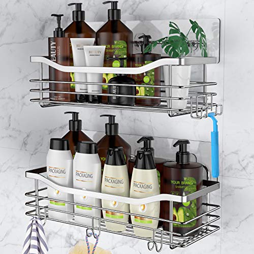 Orimade Adhesive Shower Caddy Basket Shelf with 5 Hooks Organizer Storage Rack Rustproof Wall Mounted Stainless Steel No Drilling for Bathroom, Toilet, Kitchen - 2 Pack