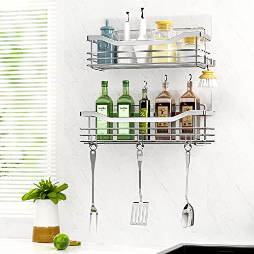 Orimade Adhesive Shower Caddy Basket Shelf with 5 Hooks Organizer Storage Rack Rustproof Wall Mounted Stainless Steel No Drilling for Bathroom, Toilet, Kitchen - 2 Pack