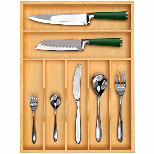 ROYAL CRAFT WOOD Luxury Bamboo Kitchen Drawer Organizer - Silverware Organizer and Cutlery Tray with Grooved Drawer Dividers for Flatware and Kitchen Utensils (7 Slot, Natural)