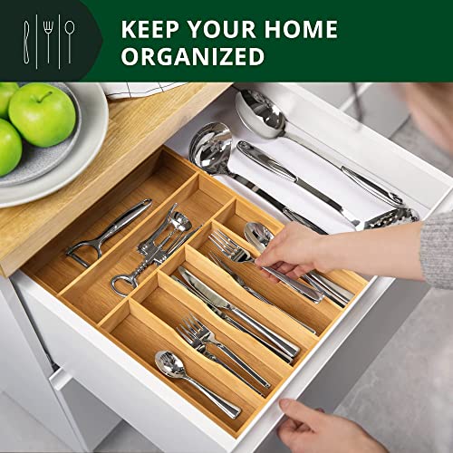 ROYAL CRAFT WOOD Luxury Bamboo Kitchen Drawer Organizer - Silverware Organizer and Cutlery Tray with Grooved Drawer Dividers for Flatware and Kitchen Utensils (7 Slot, Natural)