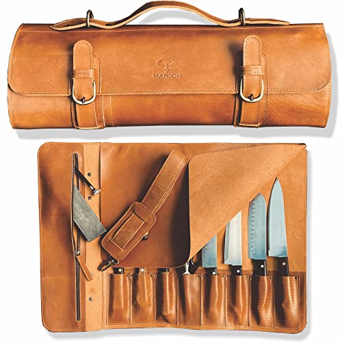 MARION - LE KANGOU - Genuine Calf Top Grain Leather - Handcrafted Professional Chef Knife Storage Roll Bag - 8 Pockets - Detachable Shoulder Strap - Zippered Interior Pocket