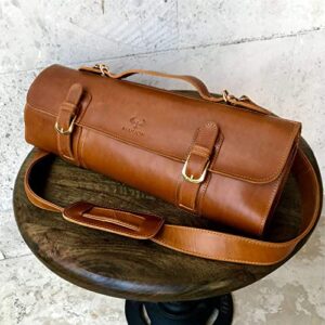 MARION - LE KANGOU - Genuine Calf Top Grain Leather - Handcrafted Professional Chef Knife Storage Roll Bag - 8 Pockets - Detachable Shoulder Strap - Zippered Interior Pocket