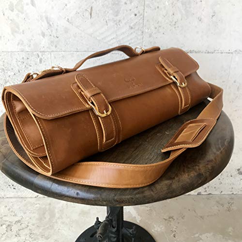 MARION - LE KANGOU - Genuine Calf Top Grain Leather - Handcrafted Professional Chef Knife Storage Roll Bag - 8 Pockets - Detachable Shoulder Strap - Zippered Interior Pocket