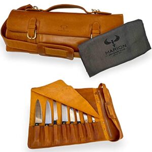 MARION - LE KANGOU - Genuine Calf Top Grain Leather - Handcrafted Professional Chef Knife Storage Roll Bag - 8 Pockets - Detachable Shoulder Strap - Zippered Interior Pocket