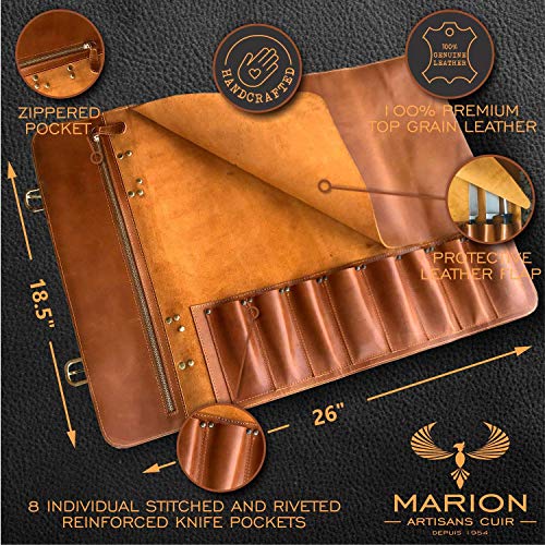 MARION - LE KANGOU - Genuine Calf Top Grain Leather - Handcrafted Professional Chef Knife Storage Roll Bag - 8 Pockets - Detachable Shoulder Strap - Zippered Interior Pocket