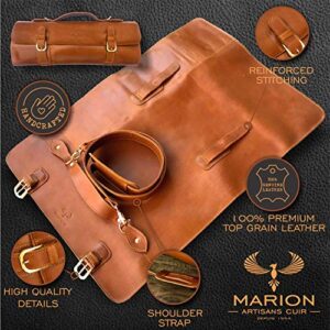 MARION - LE KANGOU - Genuine Calf Top Grain Leather - Handcrafted Professional Chef Knife Storage Roll Bag - 8 Pockets - Detachable Shoulder Strap - Zippered Interior Pocket