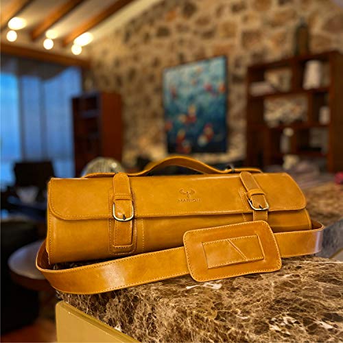 MARION - LE KANGOU - Genuine Calf Top Grain Leather - Handcrafted Professional Chef Knife Storage Roll Bag - 8 Pockets - Detachable Shoulder Strap - Zippered Interior Pocket