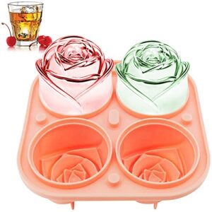 koomall 3d rose ice molds 2.5 inch, large ice cube trays, make 4 giant cute flower shape ice, silicone rubber fun big ice ball maker for cocktails juice whiskey bourbon freezer, dishwasher safe, pink