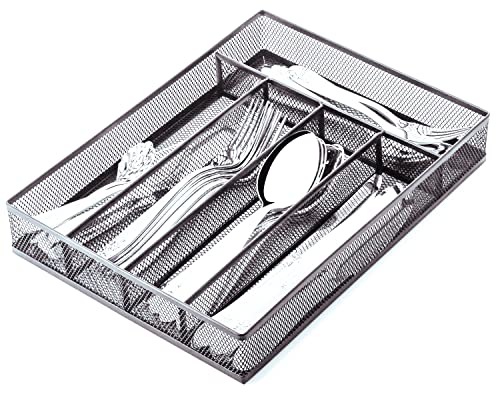 titivate Kitchen Cutlery Tray, Silverware Tray for Drawer with 5 Compartments Storage, Utensil Drawer Organizer Mesh Flatware Silverware Holder for Forks/Knives/Spoons (Silver)