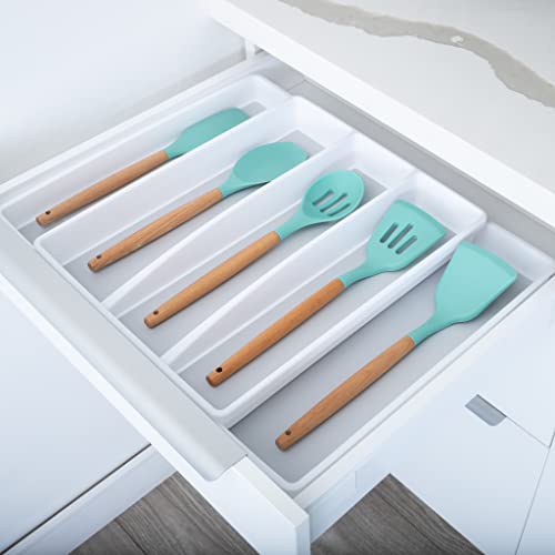 Smart Design Expandable 5 Compartment Plastic Drawer Organizer - Non-Slip Lining and Feet - BPA Free - Utensils, Flatware, Office, Personal Care, or Makeup Storage - Kitchen - White with Gray