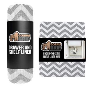 gorilla grip drawer liner and under sink mat liner, both in chevron gray white pattern, drawer and shelf liner size is 20×20, under sink mat size is 24×30, waterproof, easy to trim, 2 item bundle