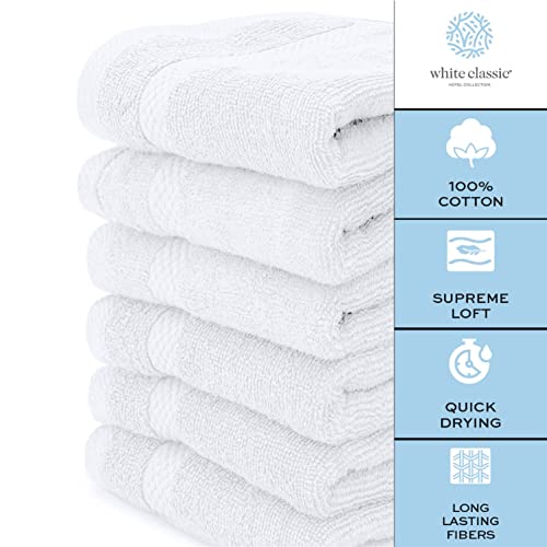 WhiteClassic Luxury Cotton Washcloths - Large Hotel Spa Bathroom Face Towel | 12 Pack | White