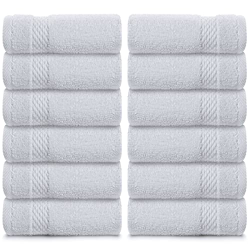 WhiteClassic Luxury Cotton Washcloths - Large Hotel Spa Bathroom Face Towel | 12 Pack | White