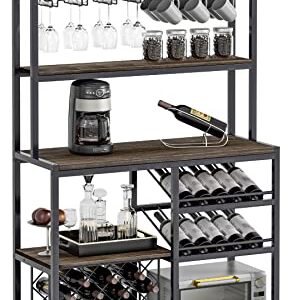 MSTFLOR Wine Rack Table,39.4 Inch Freestanding Floor Liquor Bar Table Cabinet with Glass Holder Bottle Shelf, Modern Wine Bar Cabinet with Storage & Hook for Home Kitchen Dining Room, Rustic Oak