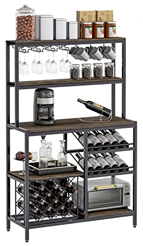 MSTFLOR Wine Rack Table,39.4 Inch Freestanding Floor Liquor Bar Table Cabinet with Glass Holder Bottle Shelf, Modern Wine Bar Cabinet with Storage & Hook for Home Kitchen Dining Room, Rustic Oak