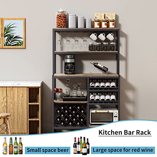 MSTFLOR Wine Rack Table,39.4 Inch Freestanding Floor Liquor Bar Table Cabinet with Glass Holder Bottle Shelf, Modern Wine Bar Cabinet with Storage & Hook for Home Kitchen Dining Room, Rustic Oak