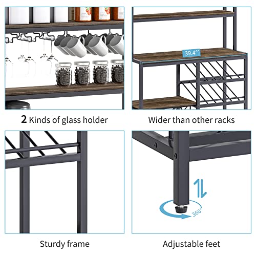 MSTFLOR Wine Rack Table,39.4 Inch Freestanding Floor Liquor Bar Table Cabinet with Glass Holder Bottle Shelf, Modern Wine Bar Cabinet with Storage & Hook for Home Kitchen Dining Room, Rustic Oak