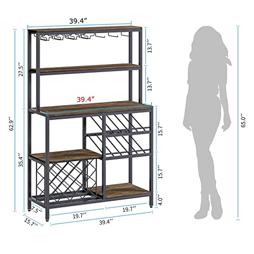 MSTFLOR Wine Rack Table,39.4 Inch Freestanding Floor Liquor Bar Table Cabinet with Glass Holder Bottle Shelf, Modern Wine Bar Cabinet with Storage & Hook for Home Kitchen Dining Room, Rustic Oak