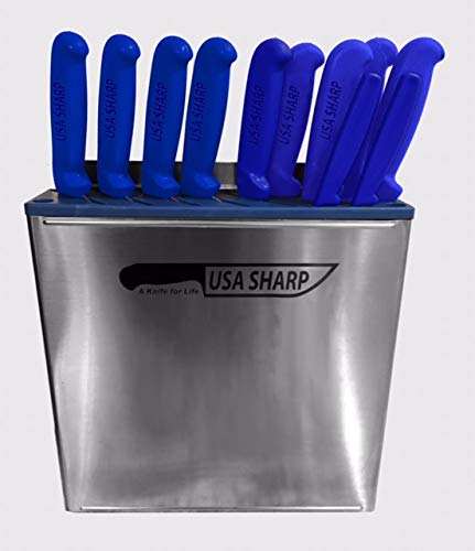 Large Sanitary Knife Rack Stainless Steel Overall Dimensions 12"W x 2.5"L x 12.5"H Wall mounted 10 Knives 2 Sharpening Honing Steels Black (Blue Shown) Insert