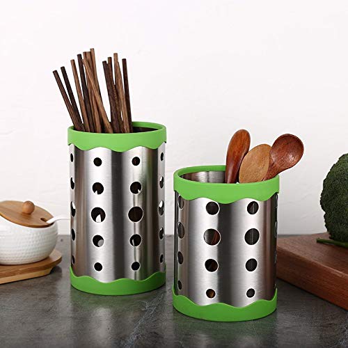 Sunwinc Kitchen Utensil Holder -Utensil Container - Utensil Organizer Caddy - 18/10 Stainless Steel with Antiskid Silicon Rubber Ring Flatware Cutlery Chopsticks Utensil Holder (Green, 7 inch)