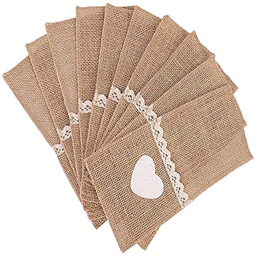 KAISIDA 10 Pcs Burlap Lace Utensil Cutlery Holders Cutlery Pouch Knifes Forks Bag for Vintage Natural Wedding Bridal Shower Tableware Christmas Party (4x8inch, Heart)