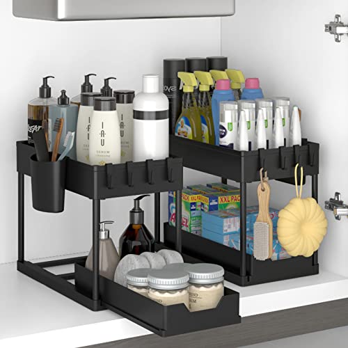 Treerit 2 Pack Under Sink Organizers and Storage Pull Out Drawers, 2-Tier Under Sink Pull Out Organizer with 8 Hooks and 2 Hanging Cups, Multi-Purpose Under Sink Storage for Bathroom Kitchen Office