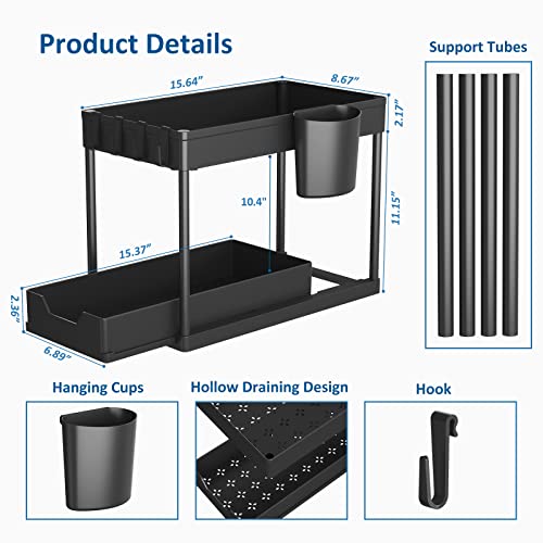 Treerit 2 Pack Under Sink Organizers and Storage Pull Out Drawers, 2-Tier Under Sink Pull Out Organizer with 8 Hooks and 2 Hanging Cups, Multi-Purpose Under Sink Storage for Bathroom Kitchen Office