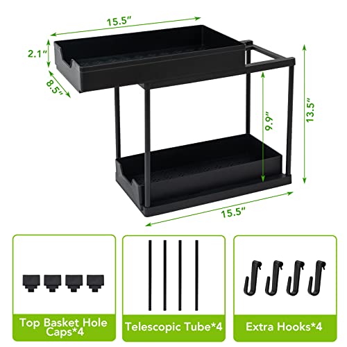 2-Tier Under Sink Organizer Storage, Double Sliding Under Cabinet Basket Organizer with 2 Pull Out Drawers & 4 Hooks, Multi-Purpose Under Shelf Organizer for Bathroom Kitchen (1 Pack)