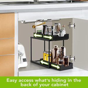 2-Tier Under Sink Organizer Storage, Double Sliding Under Cabinet Basket Organizer with 2 Pull Out Drawers & 4 Hooks, Multi-Purpose Under Shelf Organizer for Bathroom Kitchen (1 Pack)