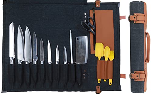 Chef knife roll bag large | stores 10 knives, 3 kitchen utensils Plus leather zipper pouch size open: 28" x 20" | waxed canvas knife carrier | easily carried shoulder strap professional chefs