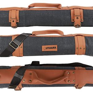 Chef knife roll bag large | stores 10 knives, 3 kitchen utensils Plus leather zipper pouch size open: 28" x 20" | waxed canvas knife carrier | easily carried shoulder strap professional chefs