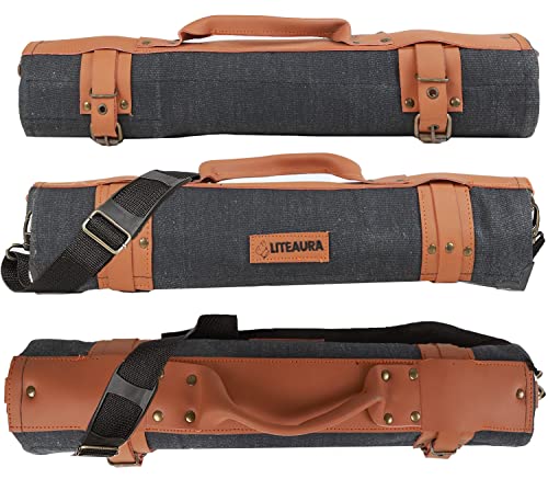 Chef knife roll bag large | stores 10 knives, 3 kitchen utensils Plus leather zipper pouch size open: 28" x 20" | waxed canvas knife carrier | easily carried shoulder strap professional chefs