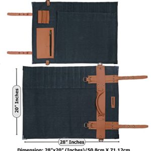 Chef knife roll bag large | stores 10 knives, 3 kitchen utensils Plus leather zipper pouch size open: 28" x 20" | waxed canvas knife carrier | easily carried shoulder strap professional chefs